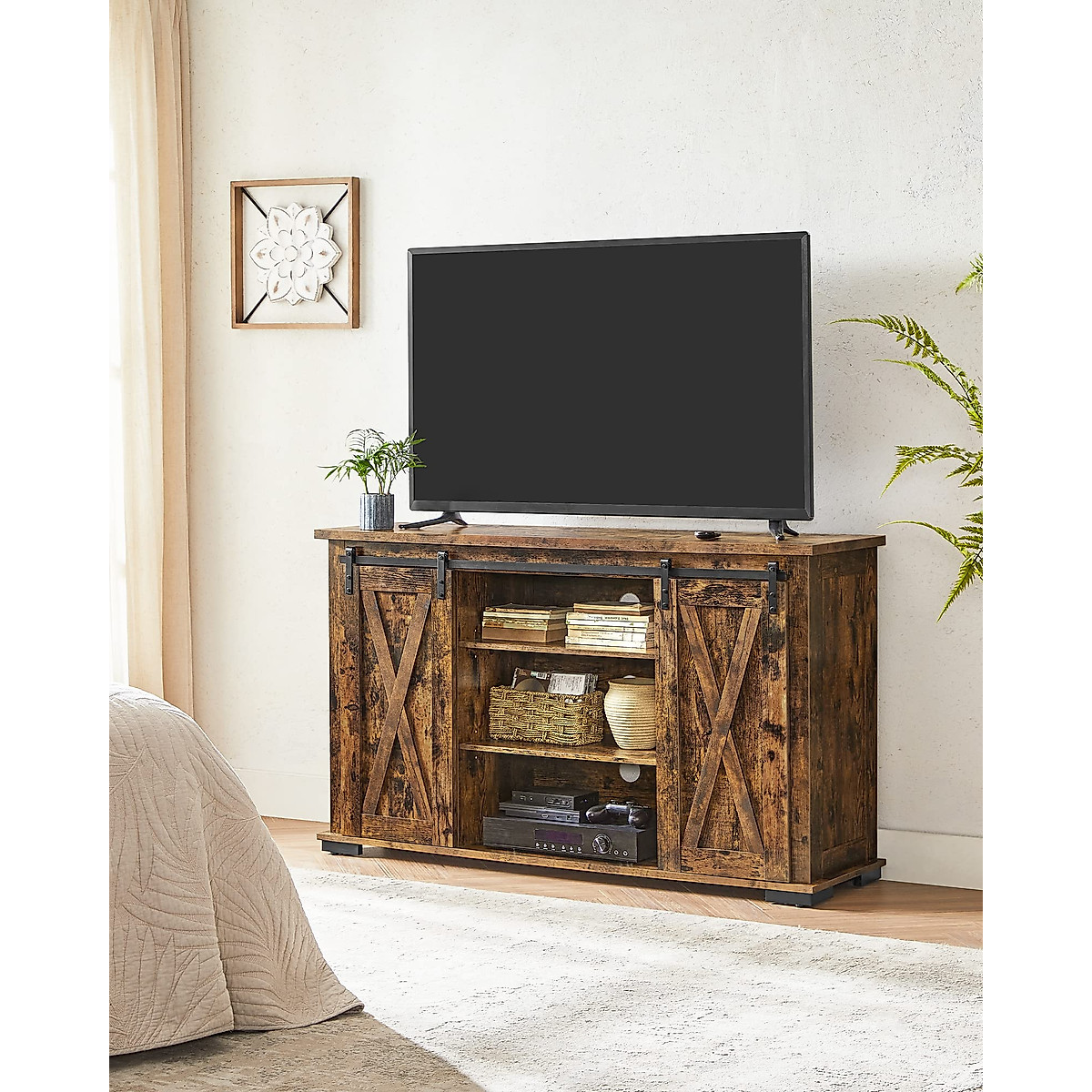 VASAGLE TV Stand with Storage and Sliding Barn Doors for 60-Inch Televisions, Entertainment Center Console, 53.9”, Rustic Brown
