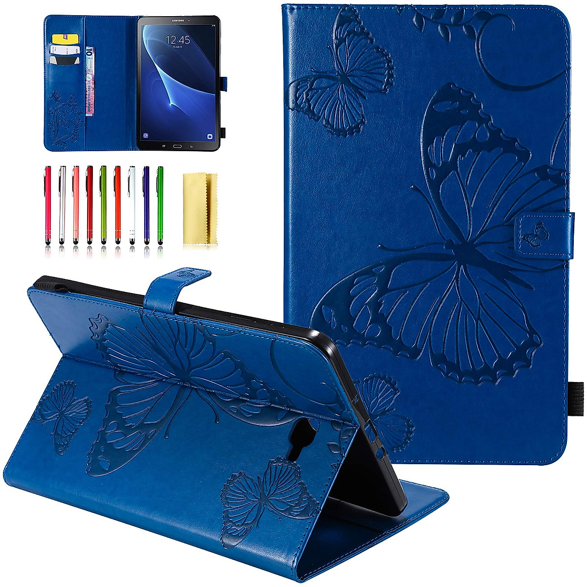 UUcovers Case for Samsung Galaxy Tab A 10.1" 2016 Version (SM-T580/T585/T587,NO S Pen) with Pencil Holder, Smart Stand Embossed PU Leather Folio Card Wallet Cover [Auto Wake/Sleep], Blue Butterfly