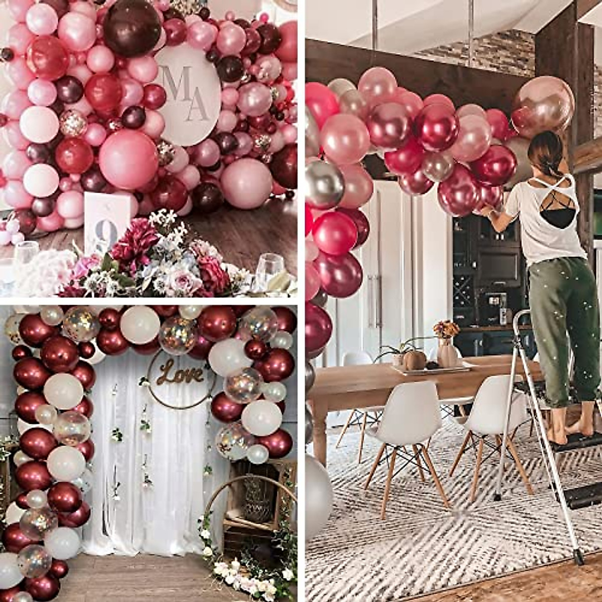 PartyWoo Burgundy Gray White Balloons, 60 pcs Balloon Pack of Burgundy Balloons Wine Red Balloons Gray Balloons White Balloons for Burgundy Baby Shower Decorations, Memorial Day Decorations