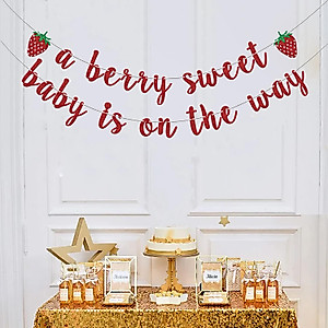 A Berry Sweet Baby is On The Way Banner, Strawberry Girl Baby Shower Party Decorations, Berry Sweet Fruits Themed Kids' First Birthday Party Supplies Red Green Glitter
