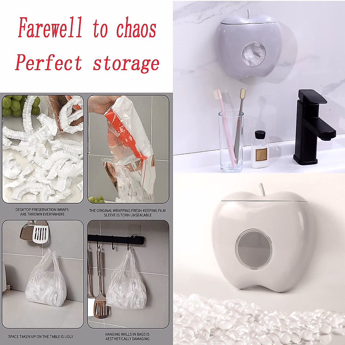 Plastic Wrap Storage Box, Fresh Keeping Bag Storage Box with 100 Pcs Cling Films, Punch-Free Wall-Mounted Large Capacity for Apple Shape Kitchen Bathroom Shower Cap Organizer Dispenser (Grey+100Pcs)