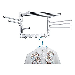 Yaegoo Clothes Drying Rack, Foldable Wall Mounted Laundry Drying Rack, Drying Rack Swivel Towel Rack with Hooks and Swing Arms, Space Saver Clothes Rack in Laundry Room and Bathroom