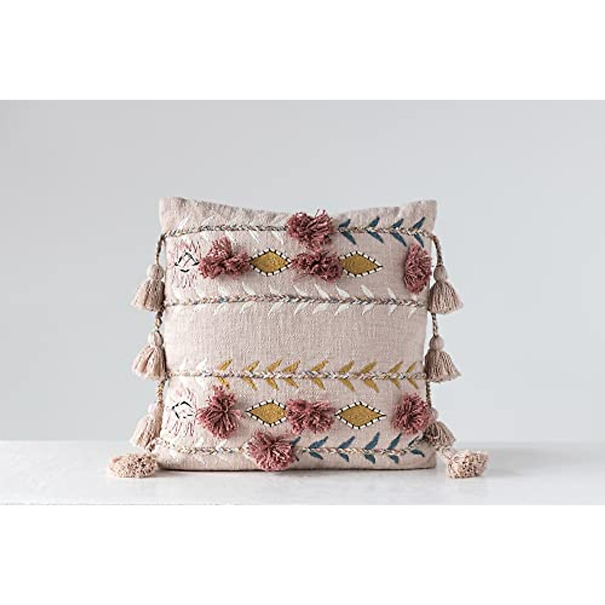 Creative Co-Op Creative Co-Op Cotton Embroidered Pillow with Tassels and Applique, Pink