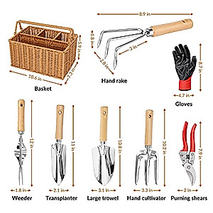 SOLIGT Gardening Hand Tools with Basket – Garden Tool Set with Pruning Shears, Cultivator, Gloves – Heavy-Duty Stainless Steel Gardening Tools with Wood Handle – Gardening Gifts for Women Men
