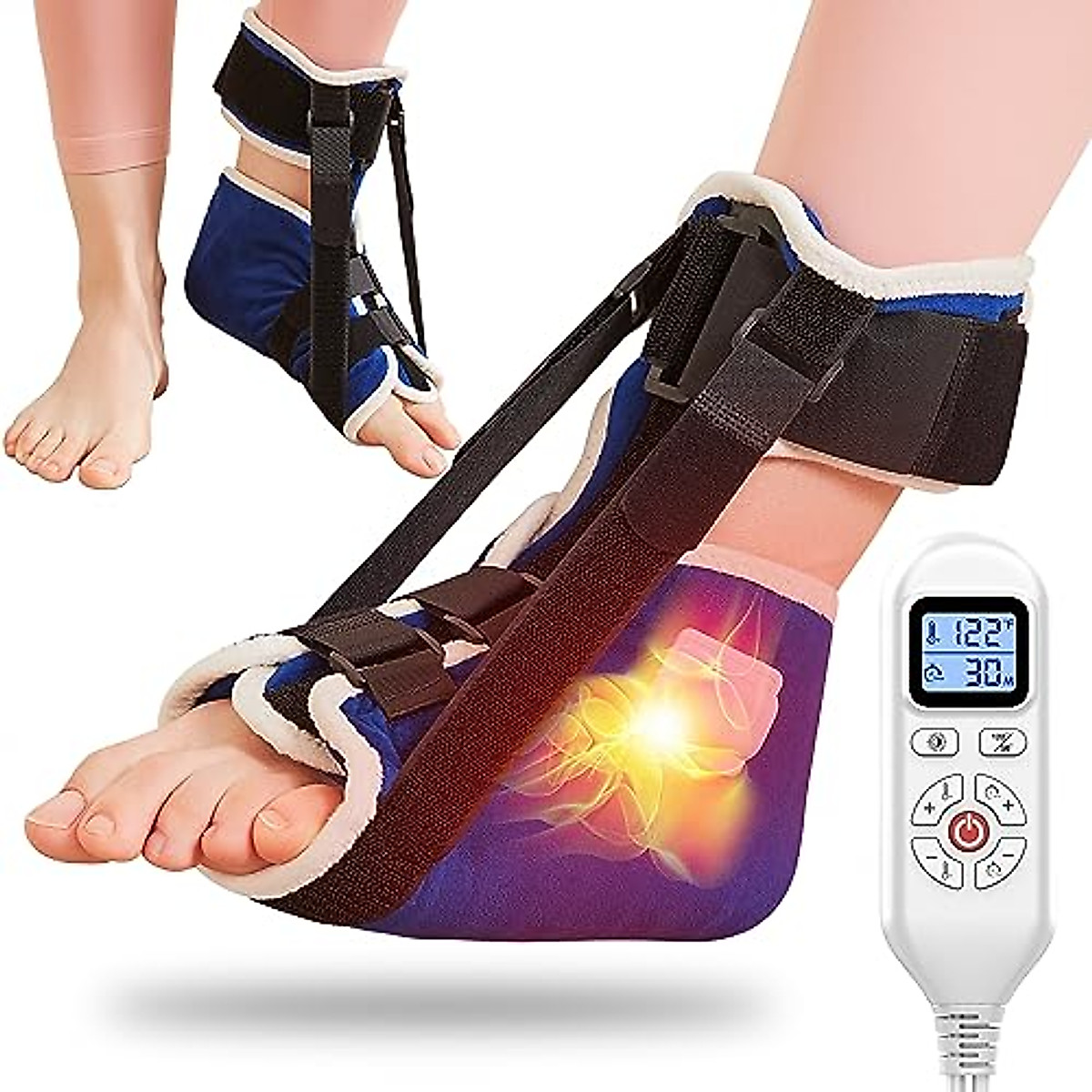 aldious 2-IN-1 Plantar Fasciitis Night Splint, Upgrade Foot Brace for Plantar Fasciitis Relief with Heated Ankle Heat Pad, 86-158℉ Adjustable Temperature, Auto Shut Off, Foot Drop Relief