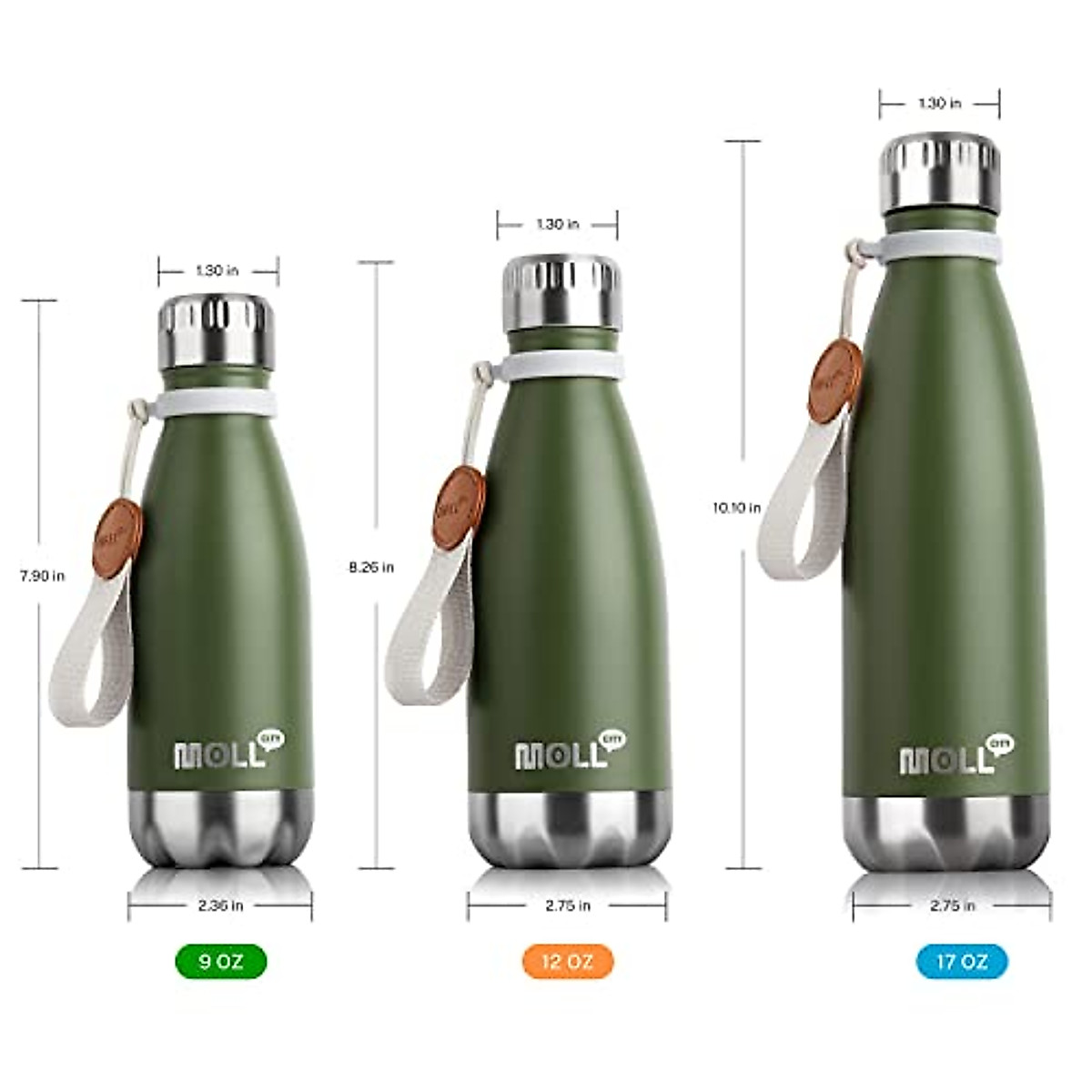 Mollcity Small Water Bottles for Kids -9 oz Stainless Steel Insulated Vacuum Water Bottle for School Metal Leak Proof Cola Shape Mini Water Bottle for Boys (Grass Green)