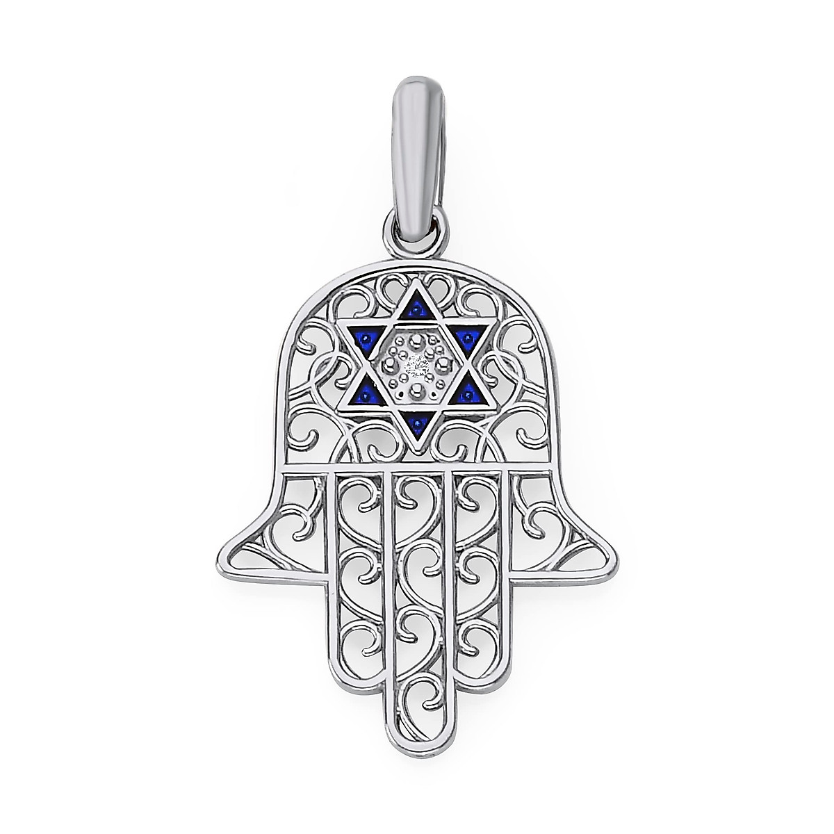 Pome Hamsa Hand Pendant Necklace with CZ Stone in Sterling Silver, Cubic Zirconia Necklace, Blue Enamel, Made in America (Pendant Only)