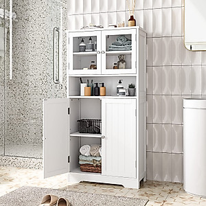 Irontar Bathroom Cabinet, Bathroom Floor Cabinet with Open Shelf, Large Display Cabinet with Doors, Kitchen Cupboard, Storage Cabinet for Living Room, 23.6 x 11.8 x 50.4 Inches White CWG006W