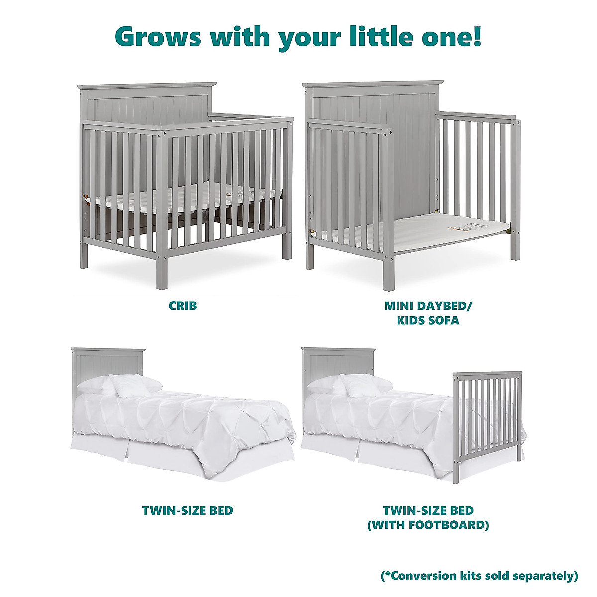 Dream On Me Ava 4-in-1 Convertible Mini Crib in Pebble Grey, 635-PG, Greenguard Gold Certified, Non-Toxic Finish, Comes with 1" Mattress Pad, with 3 Mattress Height Settings