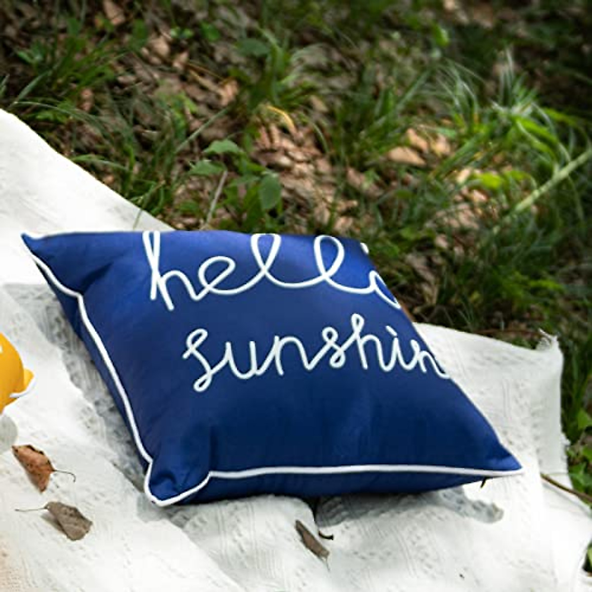 YIcabinet Set of 2 Decorative Outdoor Waterproof Pillow Covers,Square Garden Cushion,Hello Sunshine Print Pillowcase for Patio Tent Couch 18x18 Inch,Blue