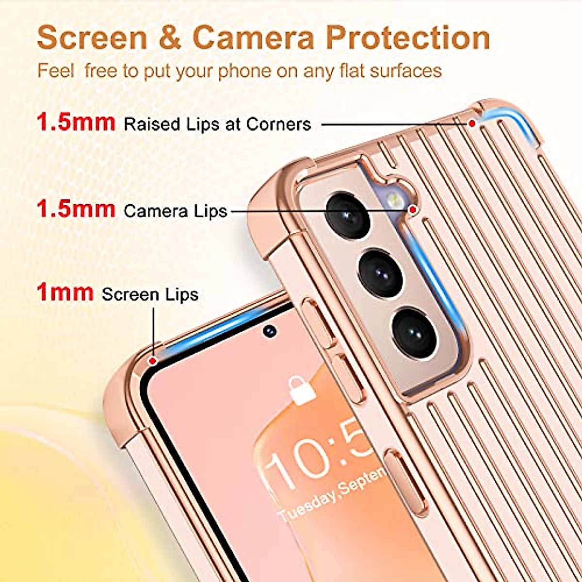PTUONIU Kickstand Case for Samsung Galaxy S21 5G, [Two-Way Stand] [Reinforced Drop Protection] [Anti-Scratch] Slim Shockproof Stand Case with Camera Protector+Silicone Strap for Samsung S21- Gold