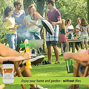 Flies Be Gone Barrel Fly Trap - Reusable Container with Patent Pending Screw Lid – 2 Non-Toxic, Poison and Pesticides Free KM34 Fly Attractant Packs - for Outdoor Home and Commercial Use