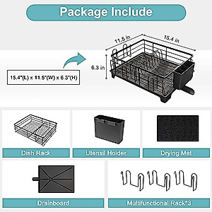 MAJALiS Dish Drying Rack, Dish Racks for Kitchen Counter, Dish Drainer with Drainboard Set, Drying Mat, Glass & Utensil Holder, Durable Stainless Steel Kitchen Organizer and Storage, Black