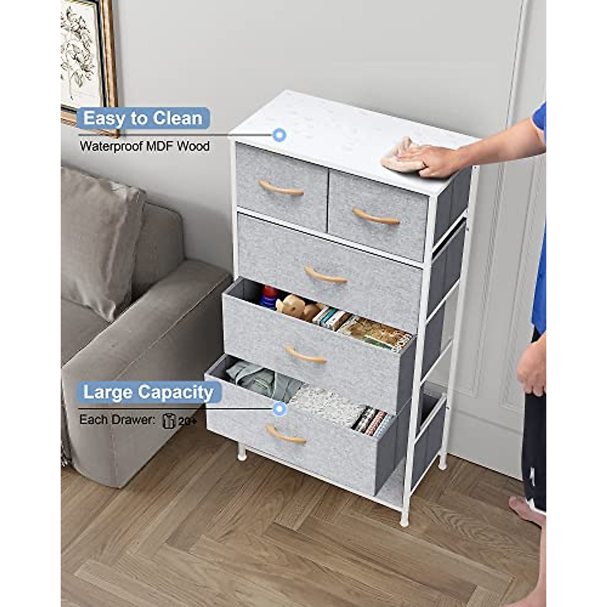 Crestlive Products Vertical Dresser Storage Tower - Sturdy Steel Frame, Wood Top, Easy Pull Fabric Bins, Wood Handles - Organizer Unit for Bedroom, Hallway, Entryway, Closets - 6 Drawers (Light Grey)