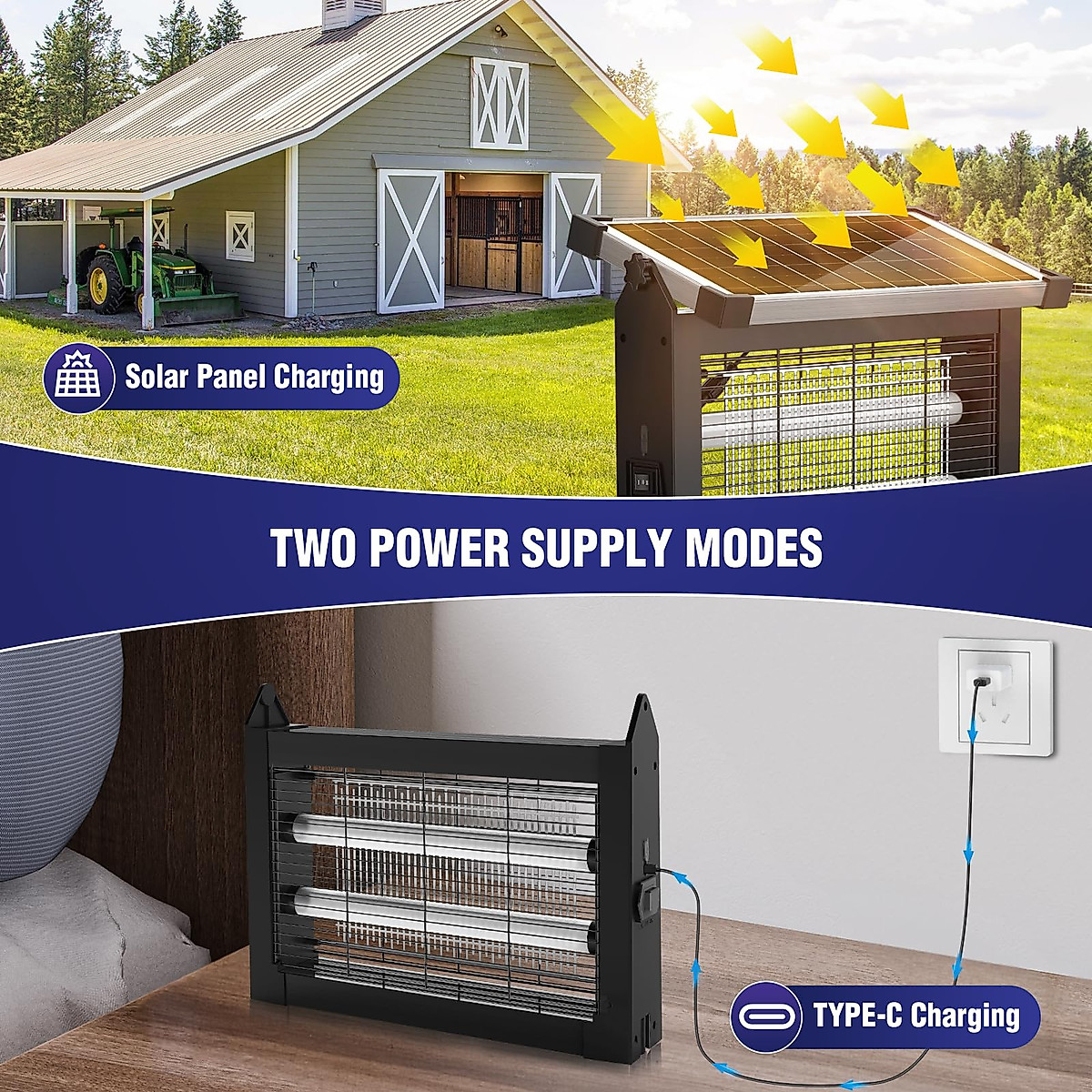 Solar Bug Zapper Outdoor, Wireless Portable Camping Mosquito Zapper with Panel Sensor, Fly Traps with 10FT Extension Cord, Fly Zapper, Mosquito Killer, Electric Trap Ideal for Home, Patio, Backyard