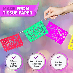 5 Pk Mexican Fiesta Party Decorations, Papel Picado Banner 60 ft Cinco de Mayo party papel picado tissue paper, Mexican theme supplies for Day of the dead Decorations, Birthdays, Mexican Banner Flags