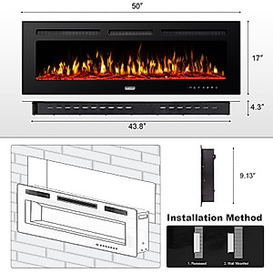 ROCSUMOO 60" Recessed and Wall Mounted Electric Fireplace, Low Noise, Remote Control with Timer,Touch Screen,Adjustable Flame Color and Speed, 750-1500W