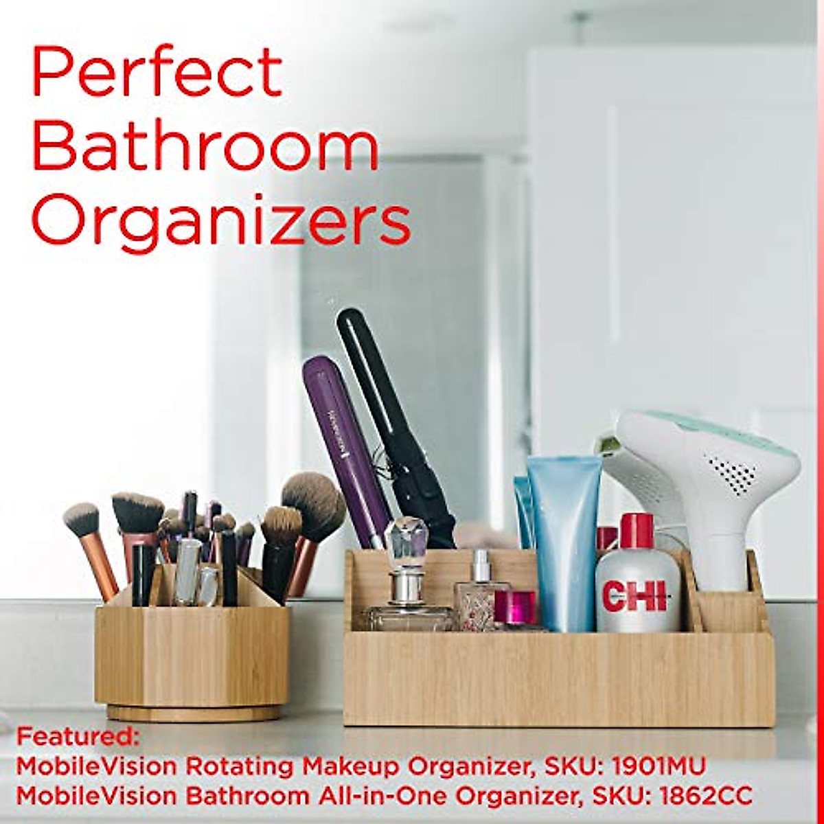 MobileVision Bamboo Bathroom Organizer Bundle Includes Compartments for Hair Care and Toiletries & Rotating Caddy for Cosmetics