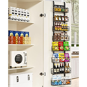 Over the Door Pantry Organizer 8-Tier Adjustable Baskets Hanging Spice Door Rack Narrow - 13.78" W x 65.16" H Behind the Door Storage for Kitchen, Bathroom, and Closet Organization- Black