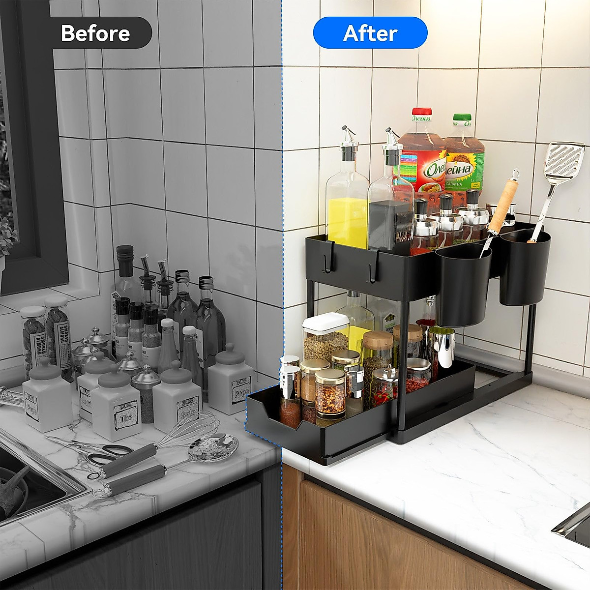 botzi Under Sink Organizers and Storage, 2 Pack Under Sink Organizer for Bathroom kitchen, 2 Tier Pull Out Cabinet Organizer with 4 Hooks, Hanging Cup, Multi-purpose Under Sink Storage, Black