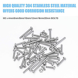 DYWISHKEY 310 Pieces M2 x 4mm/6mm/8mm/10mm/12mm/16mm/20mm, Stainless Steel 304 Phillips Pan Head Cap Bolts Screws Nuts Kit
