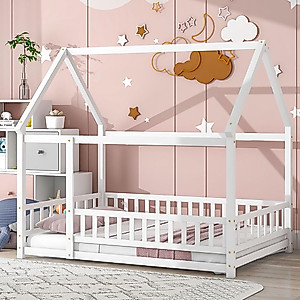 MilleLoom Full Size Solid Pine Wood Floor Bed Frame, Full Size House Floor Bed with Roof Fence Guardrails, Multifunctional Playhouse Bed for Kids Boys Girls Teens, Easy Assembly, White