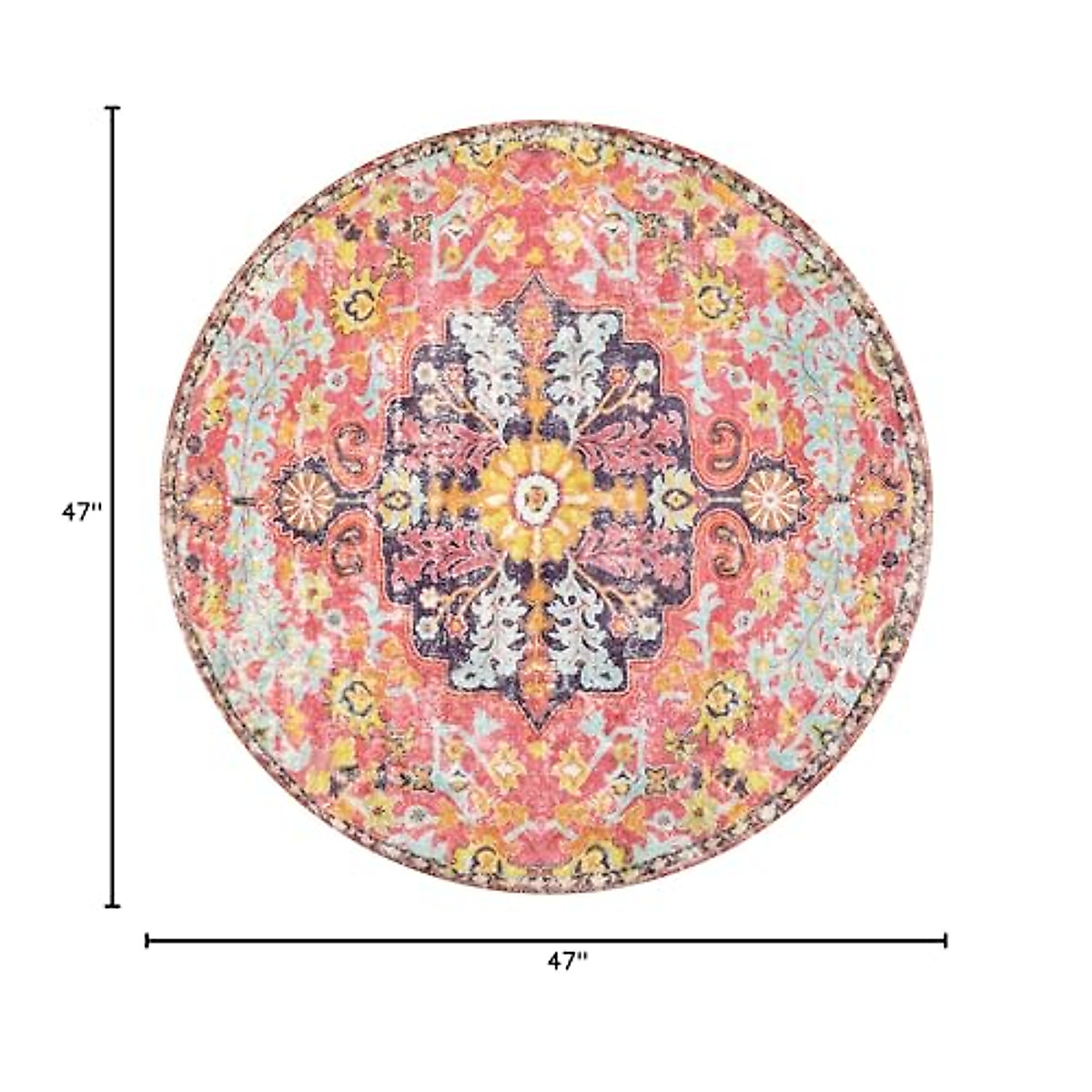 Lahome Bohemian Floral Medallion Round Rug - 4Ft Hot Pink Soft Round Area Rug Bedroom Kitchen Mat, Turkish Washable Indoor Floor Accent Bathroom Carpet for Nursery Living Room Home Office Hallway