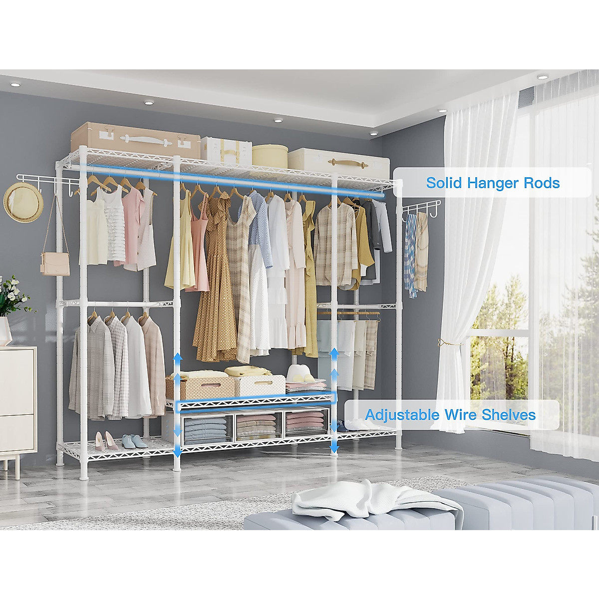 Ulif E3 Heavy Duty Garment Rack, 4 Tiers Freestanding Closet Organizer System with 5 Shelves, Metal Closet Organizer and Storage System for Clothes, Max Load 650lbs, 57.1"W x 14.5"D x 77.3"H, White