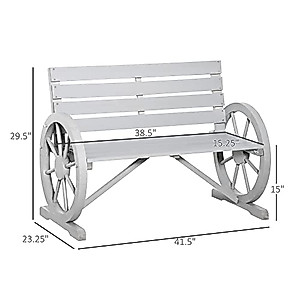 Outsunny Wooden Wagon Wheel Bench, Rustic Outdoor Patio Furniture, 2-Person Seat Bench with Backrest, Light Grey