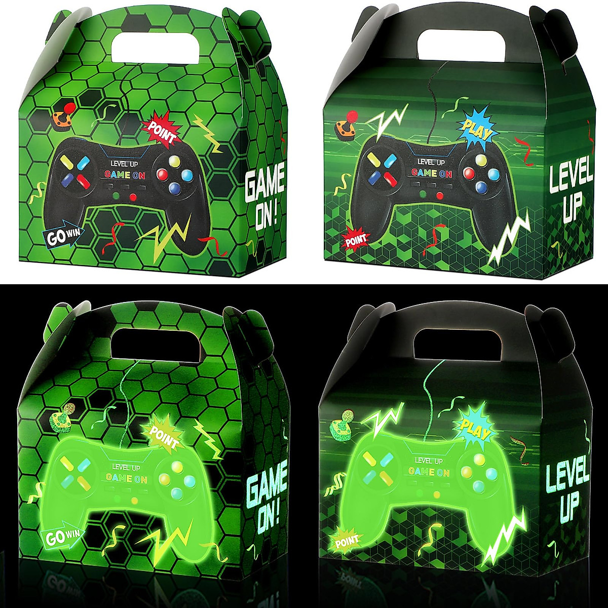 24 Pcs Glow in the Dark Video Game Party Boxes Neon Light up Game Theme Party Supplies Favors Candy Goodies Boxes with Handle for Kids Birthday Party Christmas Decor Baby Shower Treat Boxes(Green)