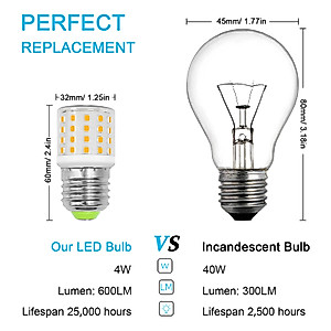Refrigerator Light Bulb Replacement AC100-265V 3.5W Refrigerator Bulbs,Tiny LED Fridge Light Bulb, 4W Equivalent 40W-60Watt Appliance Light, E26 Medium Screw Base, Warm White 3000K 600LM, 1-Pack