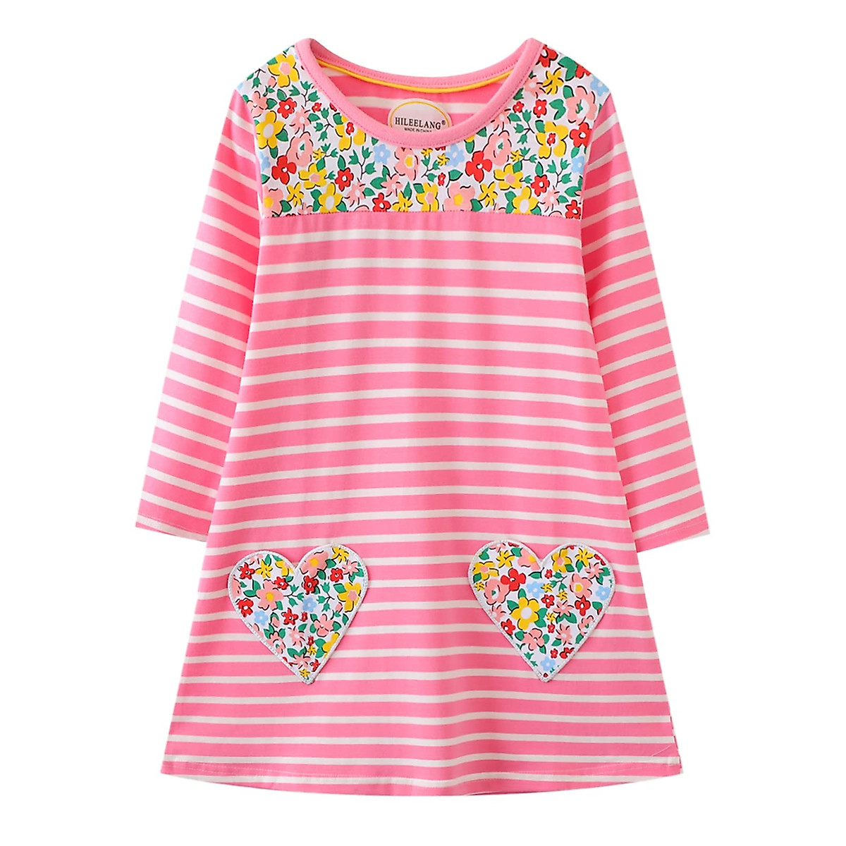 HILEELANG Little Girls Cotton Long Sleeve Casual Pink Stripe Cartoon Appliques Striped Jersey Dresses 5T