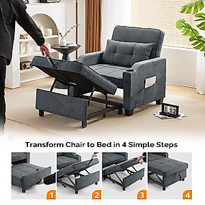 VINGLI Dark Grey Sleeper Chair Bed 3-in-1 Convertible Futon Sofa Bed Pull Out Couch Bed Adjustable Recliner Chair with USB Ports Cup Holders Side Pockets for Living Room Bedroom Small Spaces