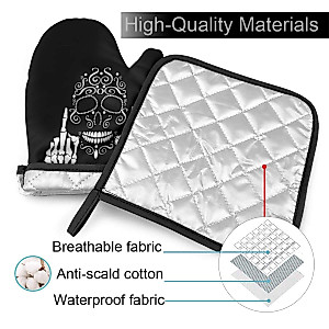 Foruidea Funny Skull Back White Oven Mitts and Pot Holders Sets Kitchen Heat Resistant Oven Gloves for BBQ Cooking Baking,Grilling,Machine Washable (2-Piece Sets)