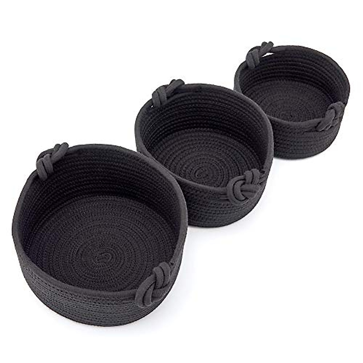 EZOWare Set of 3 Small Nursery Round Cotton Rope Knit Basket Cubes, Woven Storage Organizer Bins for Changing Table, Kids Baby Closets, Room Decor, Dog Cat Toys, Towels, Gift Baskets Empty - Black