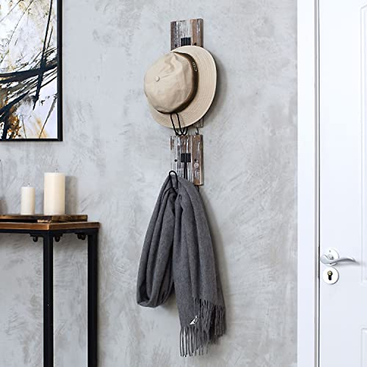 MyGift 3 Piece Set Torched Wood Modular Hanging Hat Rack for Wall with 3 Large Metal Hooks, Entryway Space Saving Organizer Coat Rack