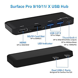 Surface Pro 9/10/11/X Accessories, Surface Pro 9 Docking Station with 4K HDMI, USB-C Thunerbolt 4 (Display+Data+PD Charging), 2 USB 3.0, SD/TF Card Reader for Surface Pro 9/Pro10/Pro11/ProX