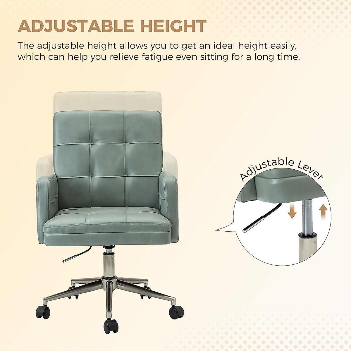 HULALA HOME Faux Leather Office Chair with Mid Back Support & Armrests, Mid Century Modern Tufted Home Desk Chair, Height-Adjustable Swivel Computer Task Chair for Study Bedroom Living Room, Sage