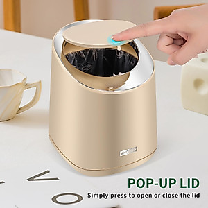 TIMIVO Mini Trash Can with Lid, Desktop Small Trash Can Garbage Can, 0.5G/2.0L Pop Up Countertop Wastebasket for Bathroom, Office, Kitchen, Desk, Car with Trash Bags 140 Pcs(Khaki)