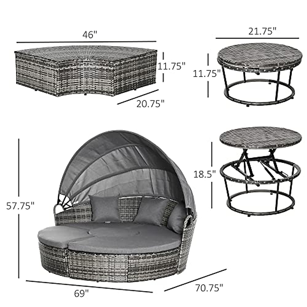 Outsunny 4pc Rattan Patio Furniture Set, Round Convertible Daybed or Sunbed, Adjustable Sun Canopy, Sectional Outdoor Sofa, 2 Chairs, Extending Tea Table, 3 Pillows, PE Plastic Wicker, Gray