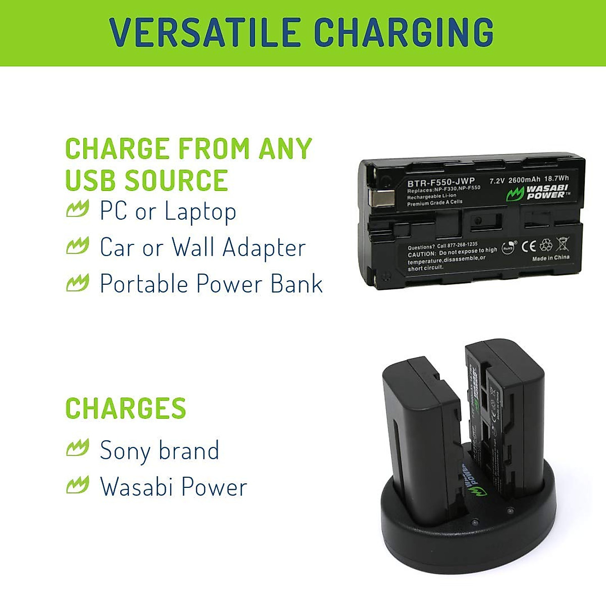 Wasabi Power Battery (2-Pack) and Dual USB Charger for Sony NP-F330, NP-F530, NP-F550, NP-F570 (L Series) and CN-160, CN-216, CN126 Series & Atomos Ninja V, Shinobi, Shogun 7, BMPCC 6K Pro and More