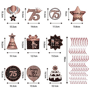 Happy 75th Birthday Hanging Swirls Streams Ceiling Decorations, Celebration 75 Foil Hanging Swirls with Cutouts for 75 Years Old Rose Gold Birthday Party Decorations Supplies