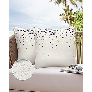 Outdoor Pillows 18x18 Waterproof Outdoor Pillow Covers, Memorial Independence Day Polyester Throw Pillow Covers Garden Cushion Decorative Case for Patio Couch Decoration Set of 2, Patriotic Star