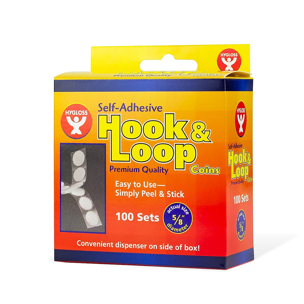 Hygloss Products Self Adhesive Coins - 100 Hook and Loop Fastener Sticky Dots With Dispenser – 5/8 Inches, White