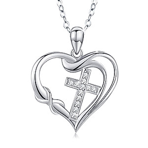 CUOKA MIRACLE Cross Necklace for Women 925 Sterling Silver Heart Infinity Pendant Faith Pendant Necklace Heart Cross Necklaces Jewelry Gift Mother Girlfriend Heart Necklace