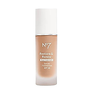No7 Restore & Renew Multi Action Serum Foundation - Warm Beige - Liquid Foundation Makeup with Vitamin C, Vitamin E & Collagen for Face - Beauty Skin Serum Formula with Medium Coverage (30ml)