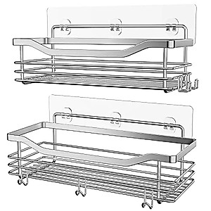 Orimade Adhesive Shower Caddy Basket Shelf with 5 Hooks Organizer Storage Rack Rustproof Wall Mounted Stainless Steel No Drilling for Bathroom, Toilet, Kitchen - 2 Pack