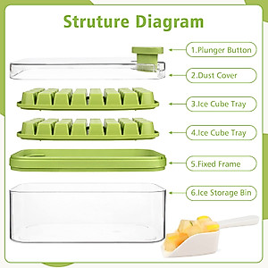CTSZOOM Ice Cube Tray with Lid and Bin &Scoop, 64 pcs Ice Cubes Molds 2 Trays, Ice Cube Tray Mold for Freezer with One Large Square Ice Cube Molds for Whiskey, Cocktail (Green)