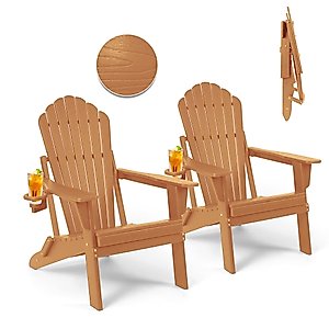 Plawdlik Folding Adirondack Chair,SGS Tested,Wooden Textured with Cup Holder,Widened Heavy All-Weather HDPE Comfortable Seating for Ourdoor Teak