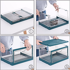 PRANDOM Stackable Clear Storage Bins with Lids,70 Qt Plastic Collapsible Organizer Containers Boxes with Doors for Organizing Closet Bathroom Bedroom Green 15x11.2x8.7 x 3-Pack